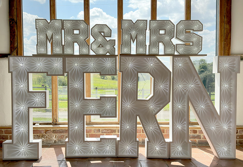 4ft White Light Up Surname Hire with MR&MRS or THE Toppers - Light Up Love